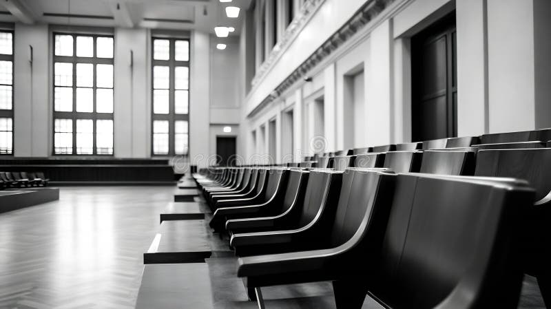Generative AI Modern Empty Courtroom Interior with Rows of Chairs and ...