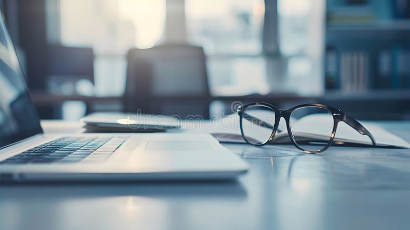 Generative AI Modern and Empty Office Desk with a Laptop Computer and ...