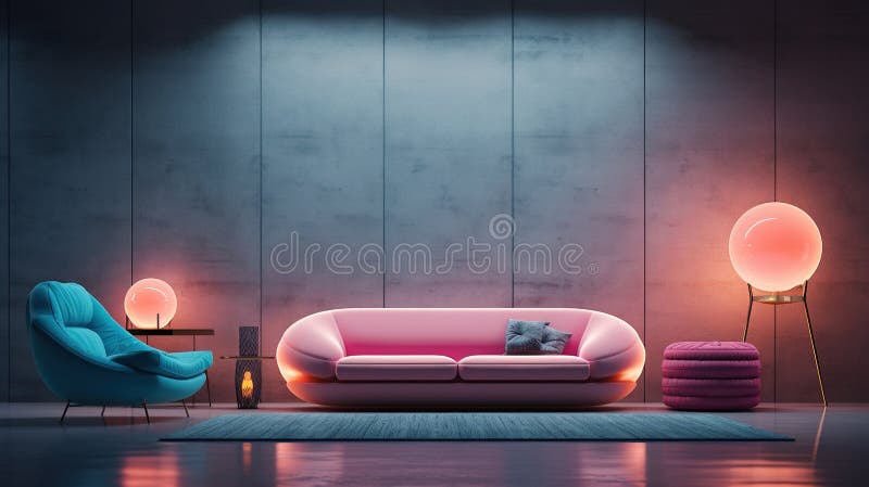 Generative AI, Modern Neon Minimalistic Interior, Blue and Pink Colors ...