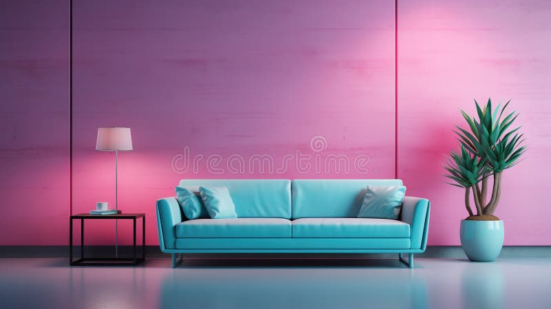 Generative AI, Modern Neon Minimalistic Interior, Blue and Pink Colors ...