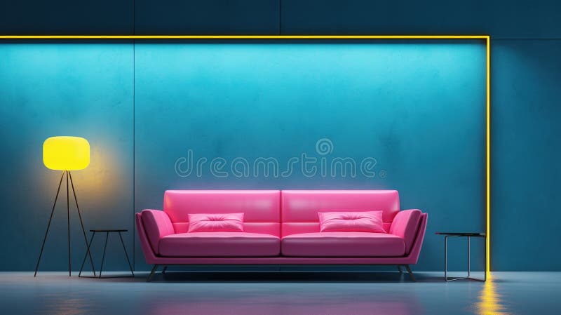 Generative AI, Modern Neon Minimalistic Interior, Blue and Pink Colors ...