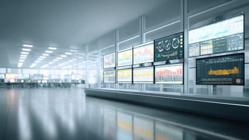 Generative AI Modern Network Operations Center with Multiple Displays Showing RealTime Data and ...