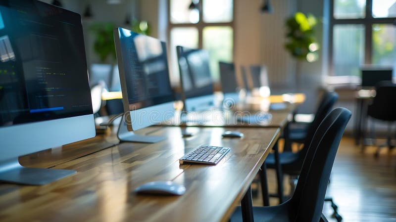 Generative AI Modern Office with Computers on Desks Empty Computer Room ...
