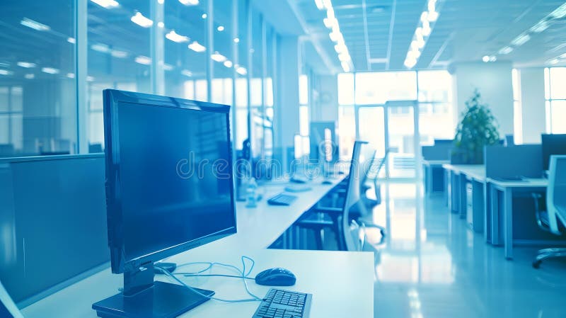 Generative AI Modern Office Space Interior in Blue Gradient Computer ...