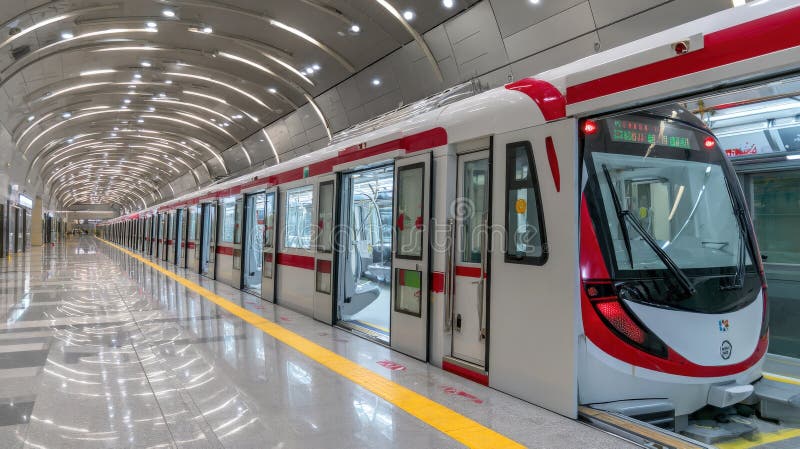 Generative AI Modern Subway Train at Station Platform with Open Doors ...