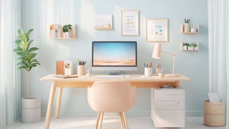 Modern Workspace Featuring a Sleek Computer and Vibrant Green Plant ...