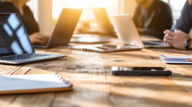 Generative AI Modern Workspace with Laptops and Notebooks Illuminating ...