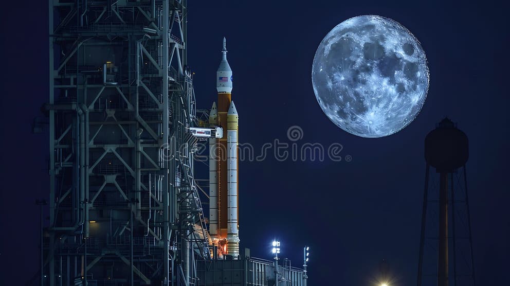 Generative AI Moon Rocket with Crew Capsule on Launch Pad in ...