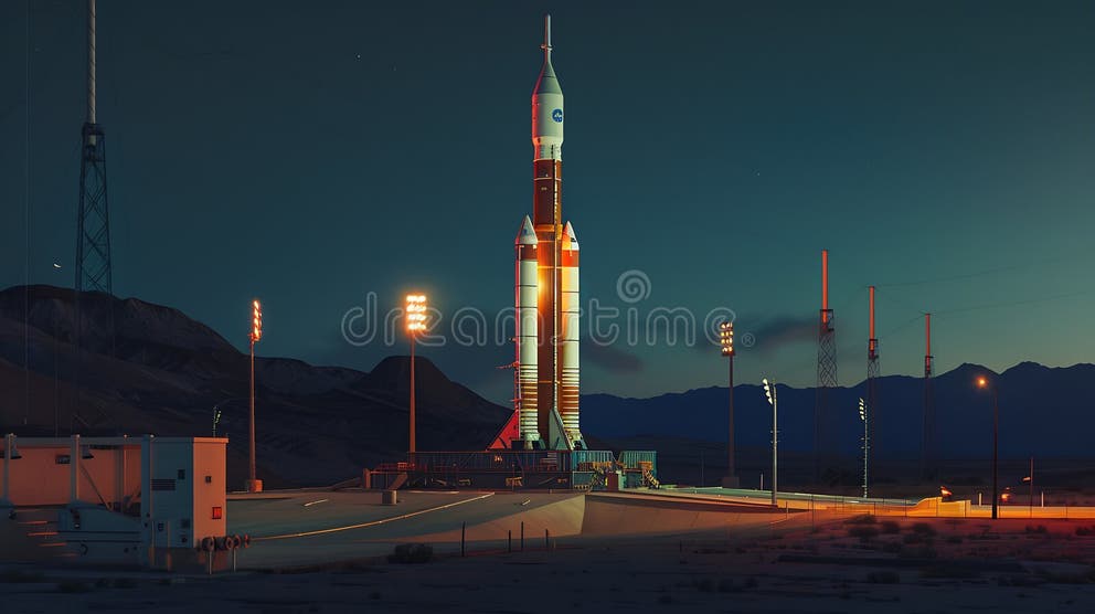 Generative AI Moon Rocket with Crew Capsule on Launch Pad in ...