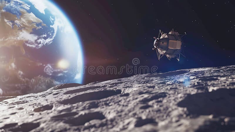 Generative AI Moon Surface with Space Craft Planet Earth on the ...