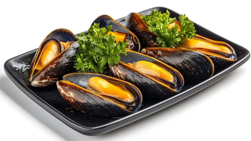 Generative AI Mussels Pile on Black Plate Isolated Open Shellfish ... Generative AI Mussels Pile on Black Plate Isolated Open Shellfish ...