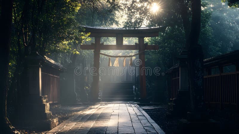 Generative AI Mysterious Shinto Shrine Pathway in Serene Forest with ...