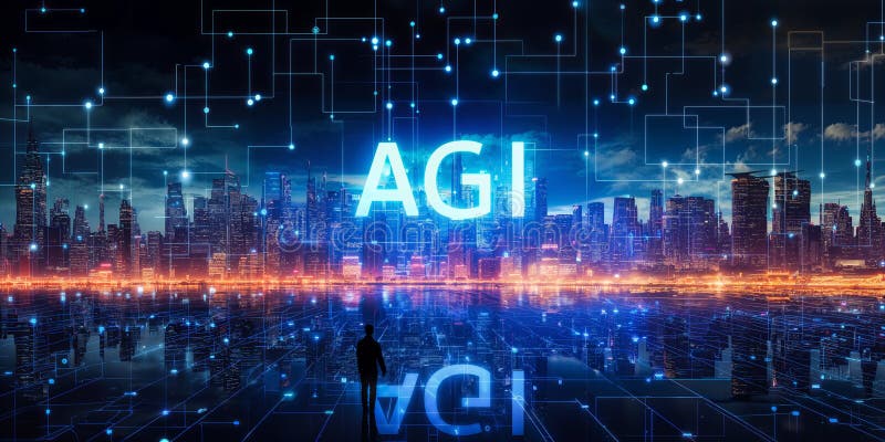 Neon AGI Lettering Over Digital Cityscape: a Vision of Artificial ...