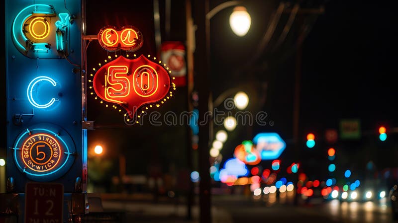 Generative AI Neon Signs on Route 66 Business Concept. Stock Image ...