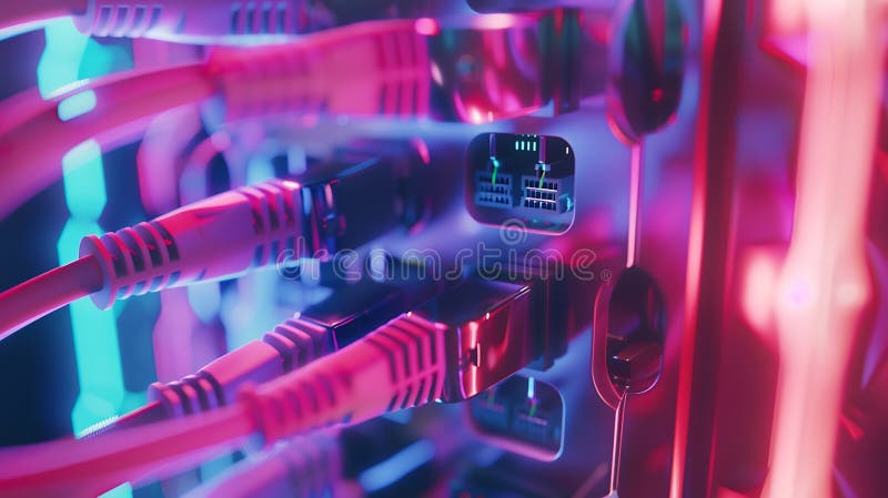 Generative AI Network Cables and Hub Close Up Various Ethernet Cables ...
