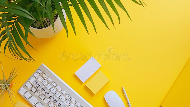 Generative AI Office Desk Workspace on Bright Color Yellow Background ...