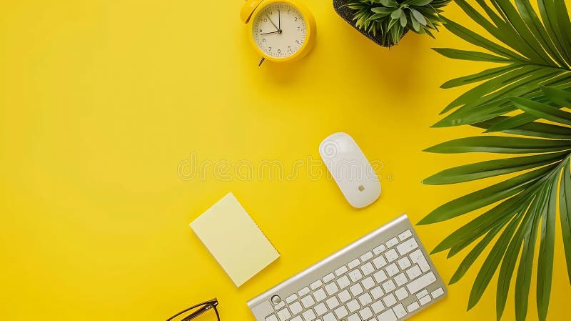 Generative AI Office Desk Workspace on Bright Color Yellow Background ...