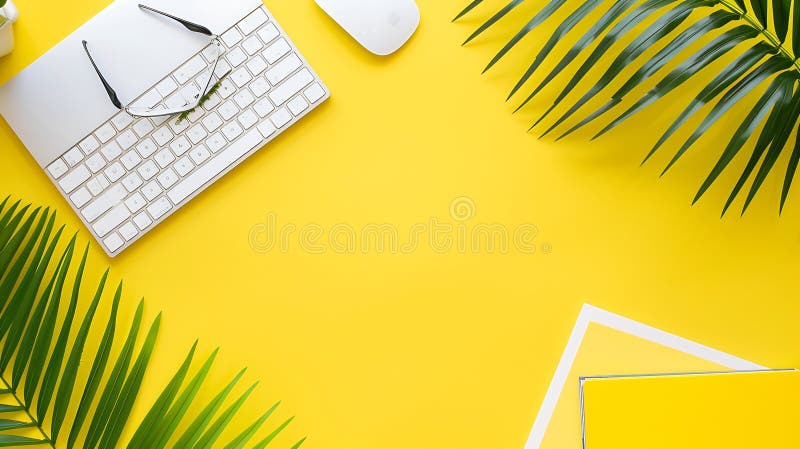 Generative AI Office Desk Workspace on Bright Color Yellow Background ...