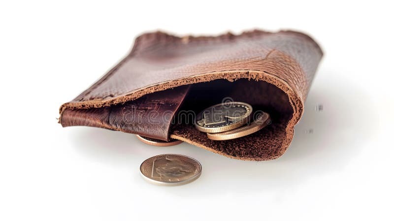 Generative AI Old Leather Empty Wallet with a Few Coins Isolate on ...