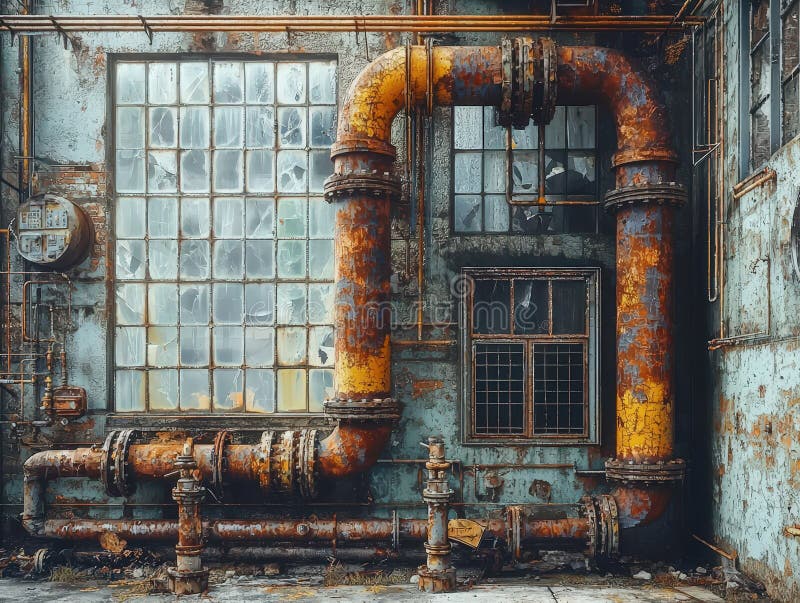 Old Rusty Building with Exposed Pipes and Large Windows in an Urban ...