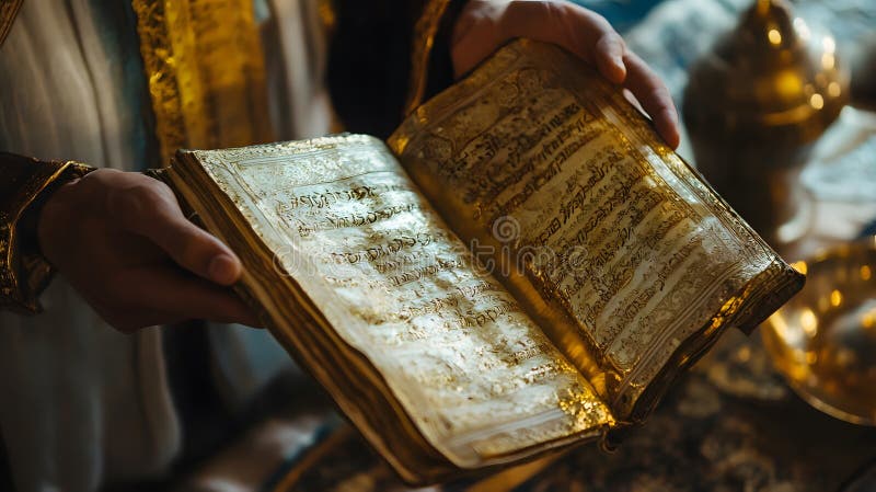 Generative AI Open Holy Scripture with Gold Details Religious Text and ...