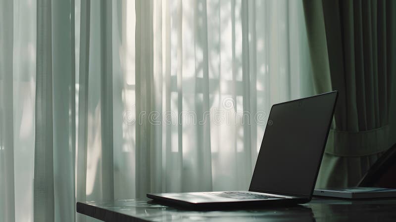 Generative AI Open Laptop on Table Against Window on White Curtains ...