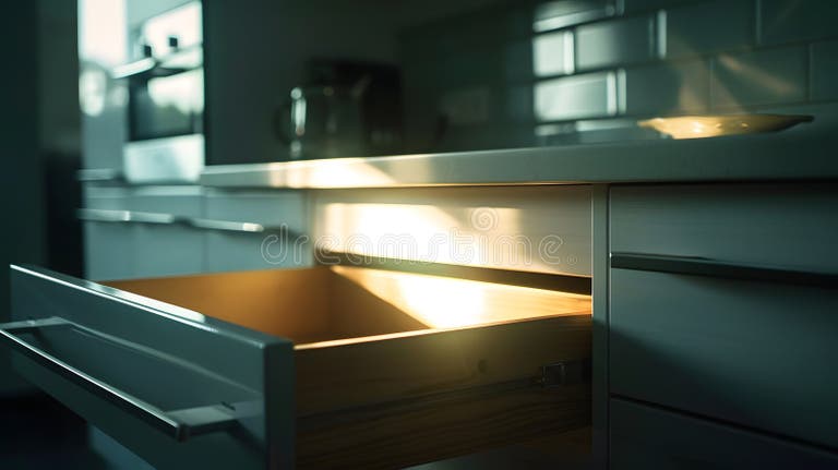 Generative AI Opened Empty Drawer in Light Kitchen Business Concept ...