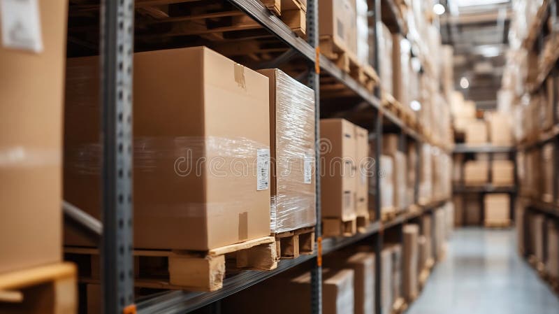 Generative AI Organized Storage Warehouse with Rows of Packaged Boxes ...