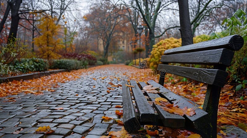 Generative AI Overcast Autumn Day Looking Down a Cobblestone Pathway ...