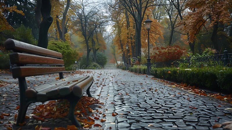 Generative AI Overcast Autumn Day Looking Down a Cobblestone Pathway ...