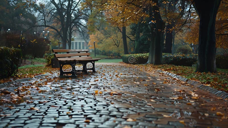 Generative AI Overcast Autumn Day Looking Down a Cobblestone Pathway ...