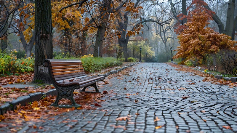Generative AI Overcast Autumn Day Looking Down a Cobblestone Pathway ...