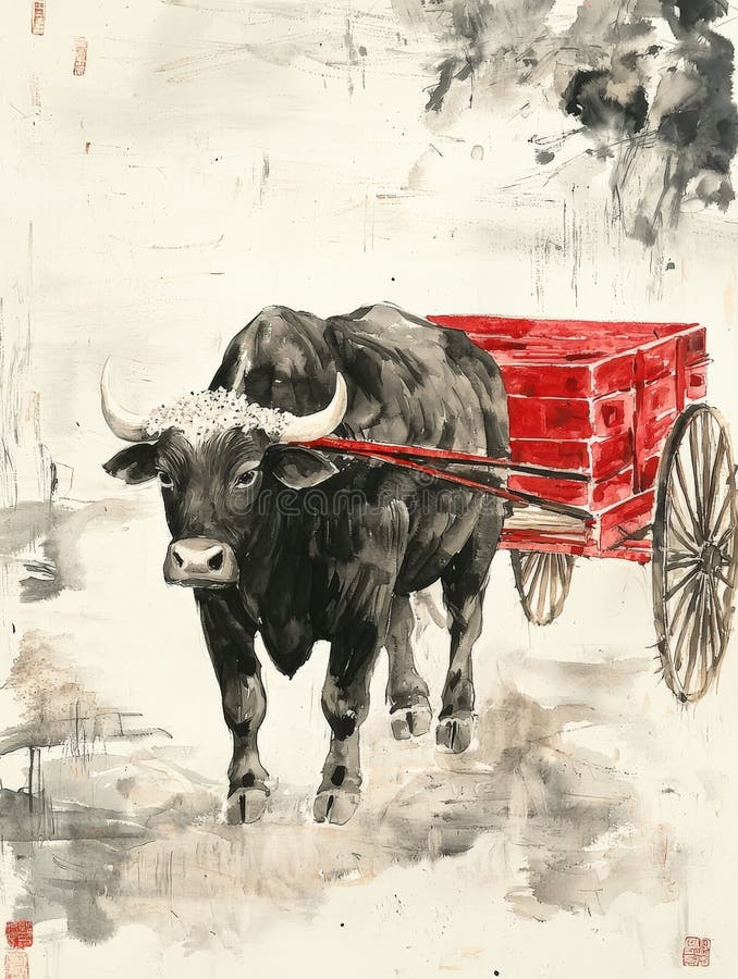 Painting of a Bull Pulling a Red Wagon in a Rural Landscape Setting ...