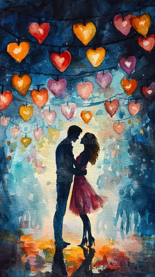 Painting of a Couple Kissing Beneath a Decorative String of Hearts in a ...