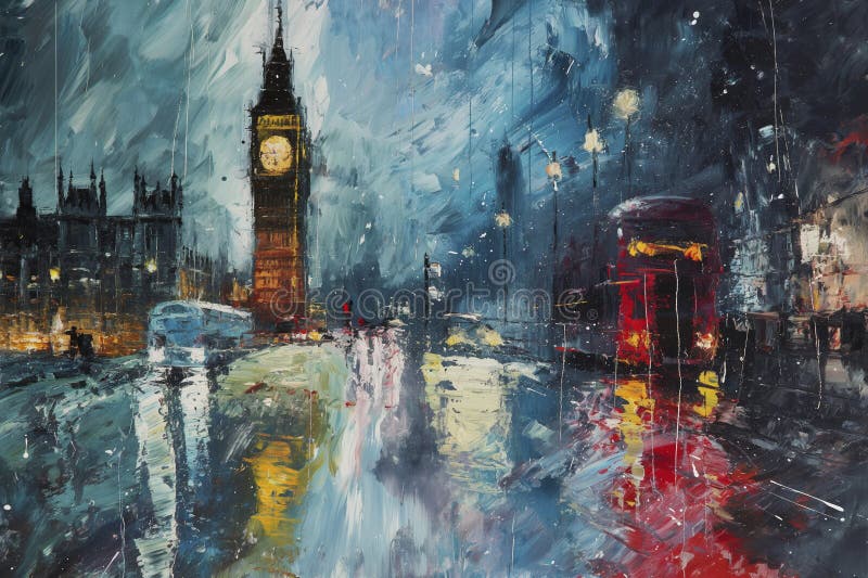 Painting of London in the Rain in an Abstract Expressionism Style Stock ...