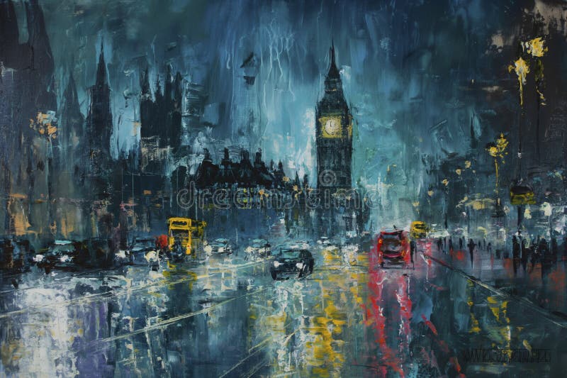 Painting of London in the Rain in an Abstract Expressionism Style Stock ...