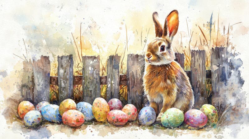 Painting of a Rabbit Sitting in Front of Colorful Eggs in a Springtime ...