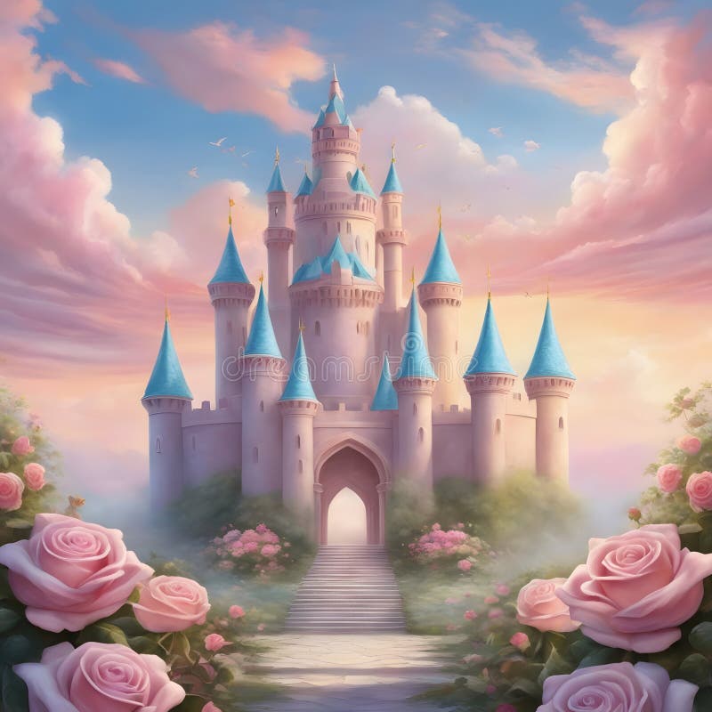 Pastel Castle Roses Fantasy Art. Generative AI. Stock Illustration ...