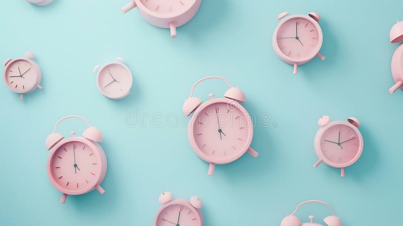 Generative AI Pastel Pink Wall Clocks on Blue Backdrop Falling Down ...
