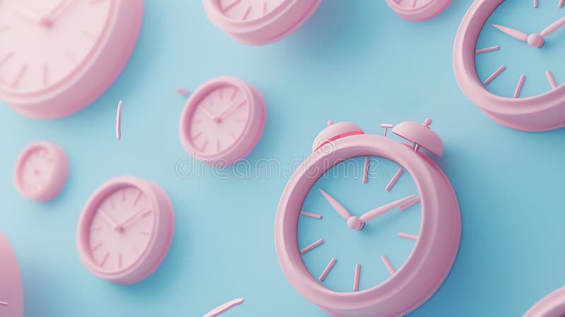 Generative AI Pastel Pink Wall Clocks on Blue Backdrop Falling Down ...