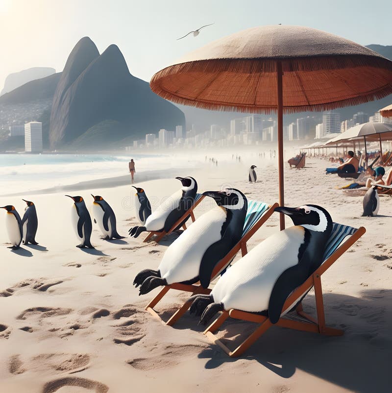 Generative AI Penguins on a Tropical Beach Vacation Stock Illustration ...