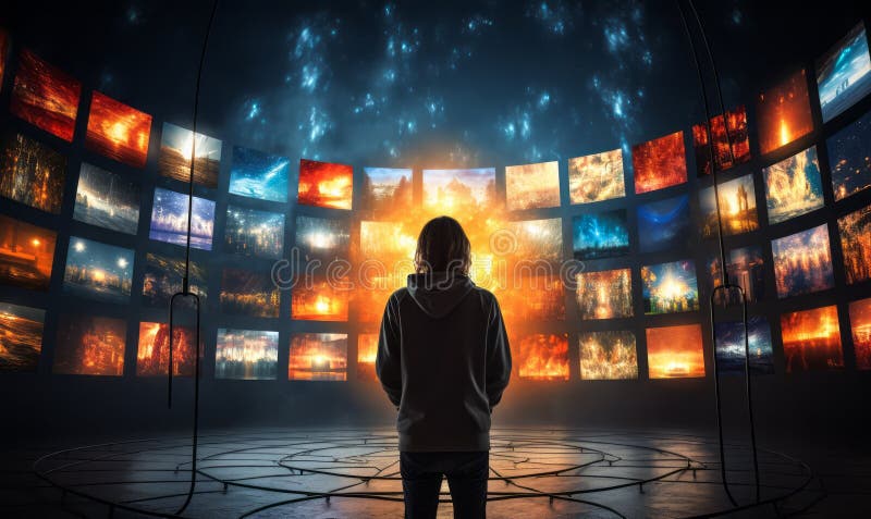 Person Standing in Awe Inside a Circular Room Surrounded by Multitudes ...