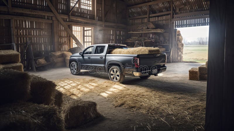 Generative AI of a Pick Up Car Carrying Hay in a Barn Stock ...