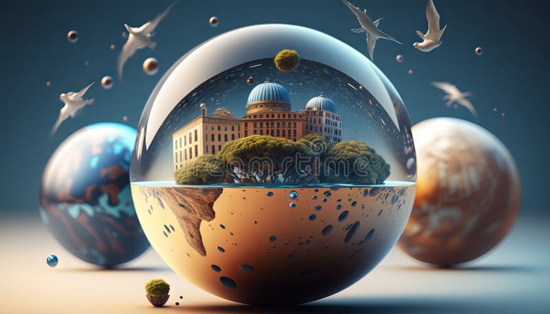 Generative AI of Planet Earth with Buildings and Birds Flying Around ...