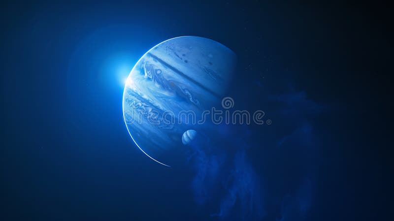 Generative AI Planet Jupiter in Blue Light with Moon Ganymede Elements ...