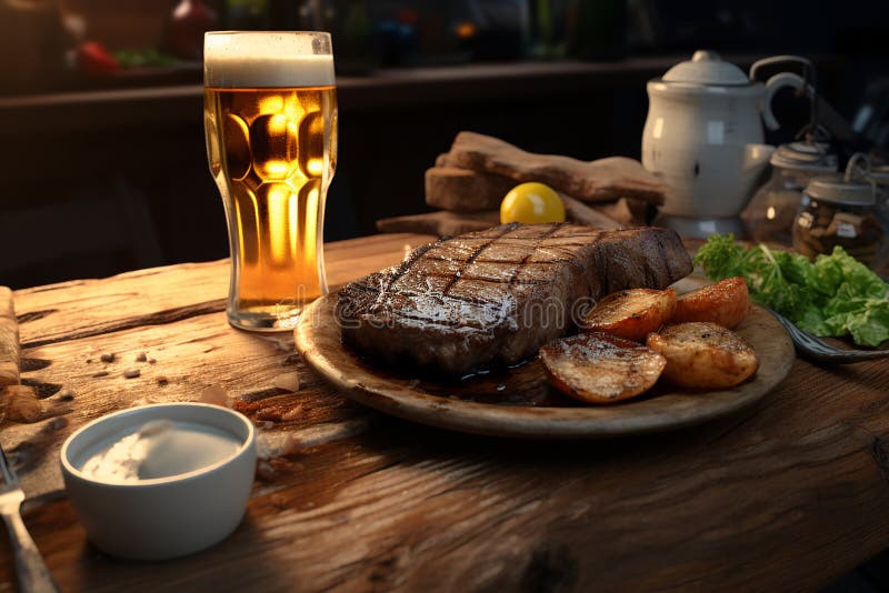 Generative AI on a Plate a Piece of Cooked Meat and a Glass of Beer ...
