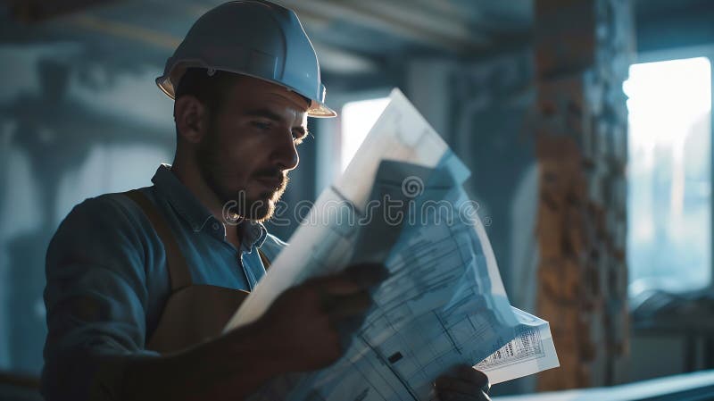 Generative AI Portrait of an Architect Builder Studying Layout Plan of ...