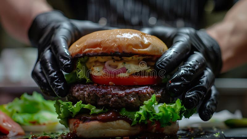 Generative AI Professional Chef in Black Gloves Assembling a Juicy ...