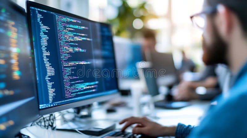 Generative AI Professional Programmer Coding on Computer Screen Filled with Colorful Code in a ...