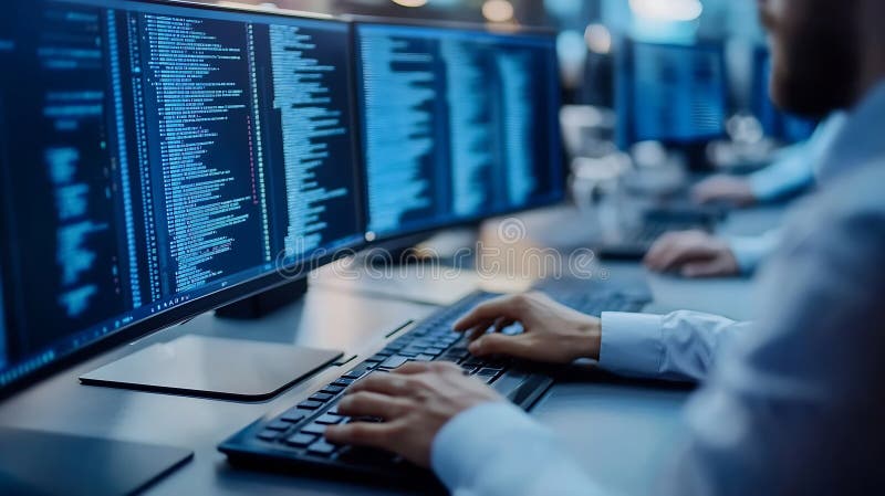 Generative Ai Programmer S Hands Typing Code On Multiple Monitors In